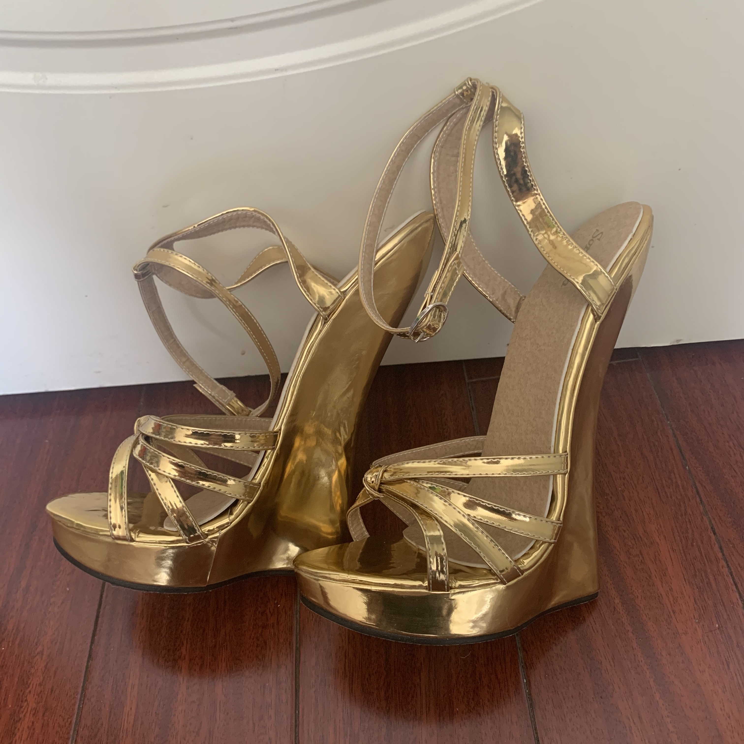 Sorbern Gold Slingback Wedge Heels: Thin Strap Fetish Shoe (Unisex ...