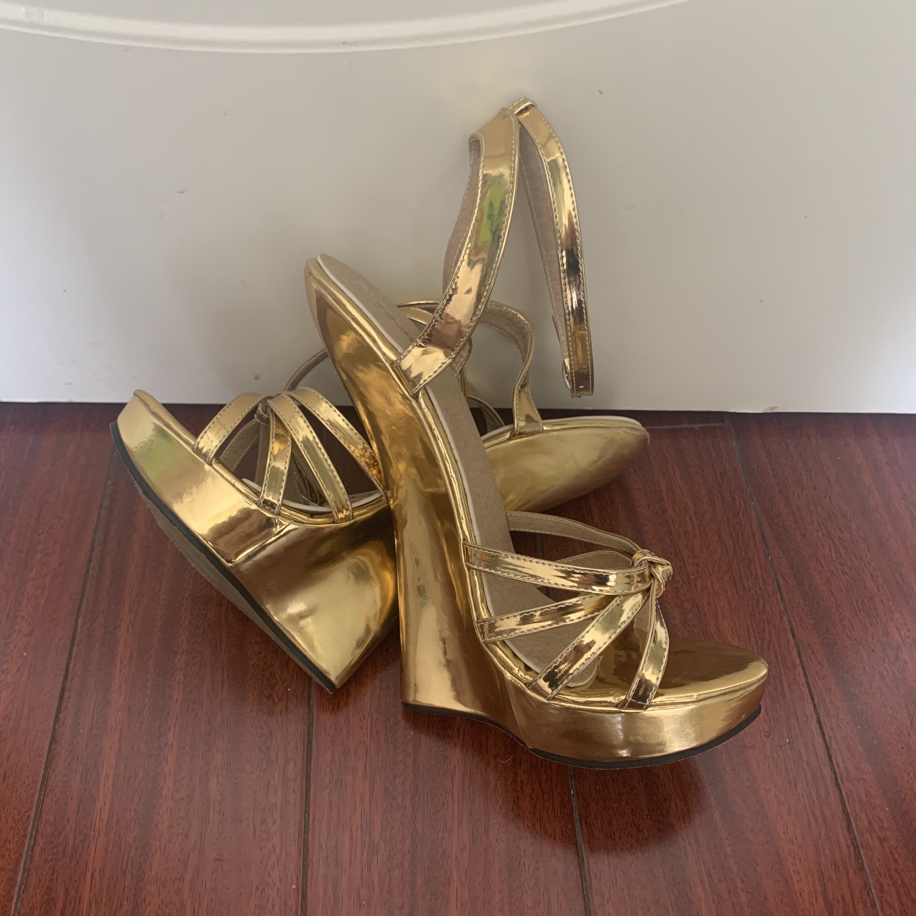 Sorbern Gold Slingback Wedge Heels: Thin Strap Fetish Shoe (Unisex ...
