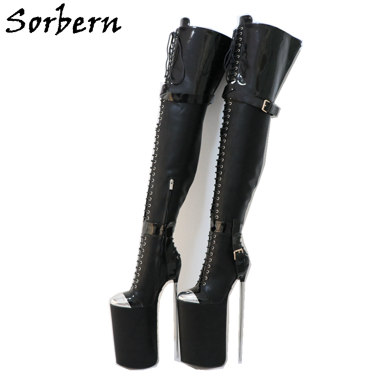 Sorbern Black Matt 40Cm High Heel Mid Thigh High Boots Women Platform ...