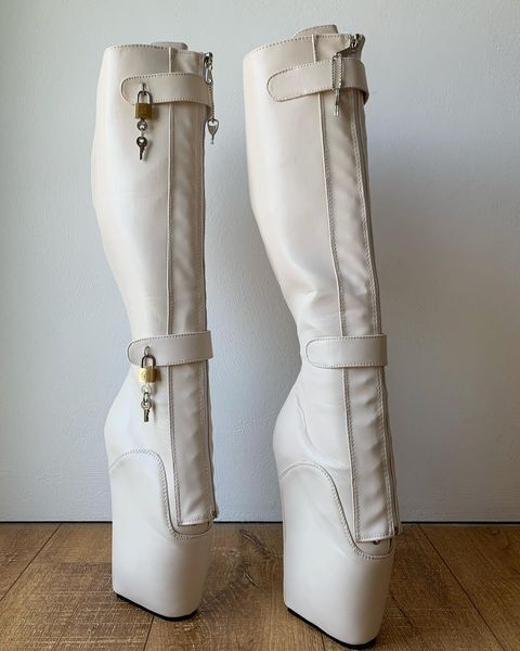 Sorbern Cream Matt Lockable Strap Boots Women Ballet Wedges Bdsm Shoes
