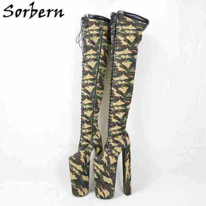 Sorbern 30Cm Block Heels Camouflage Crotch Thigh High Boots Lace Up ...