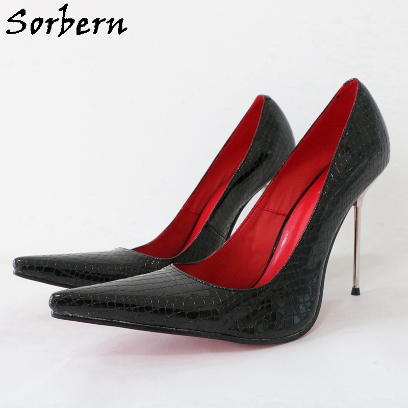 Sorbern Black Patent Real Leather Round Toe Women Pump Shoes High Heel Slip On