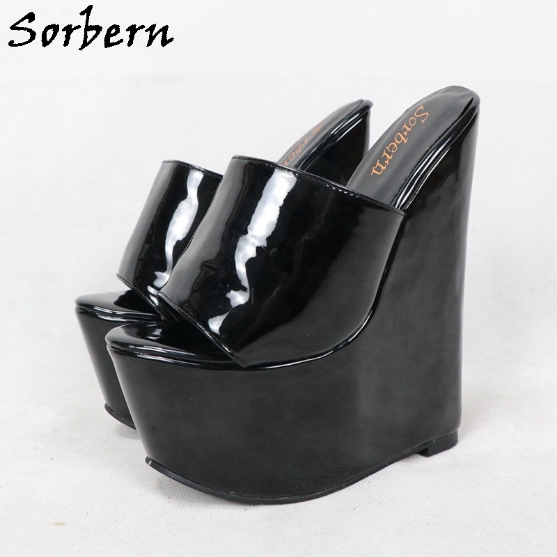 Sorbern Open Toe Black Wedge Mules Pump High Heel Platform Shoe For ...
