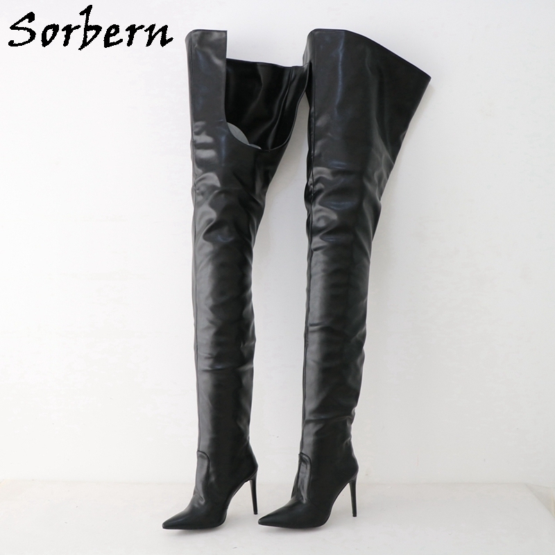 Sorbern Black Matt Knee High Boots Women Cute Round Toe Block High Heel ...