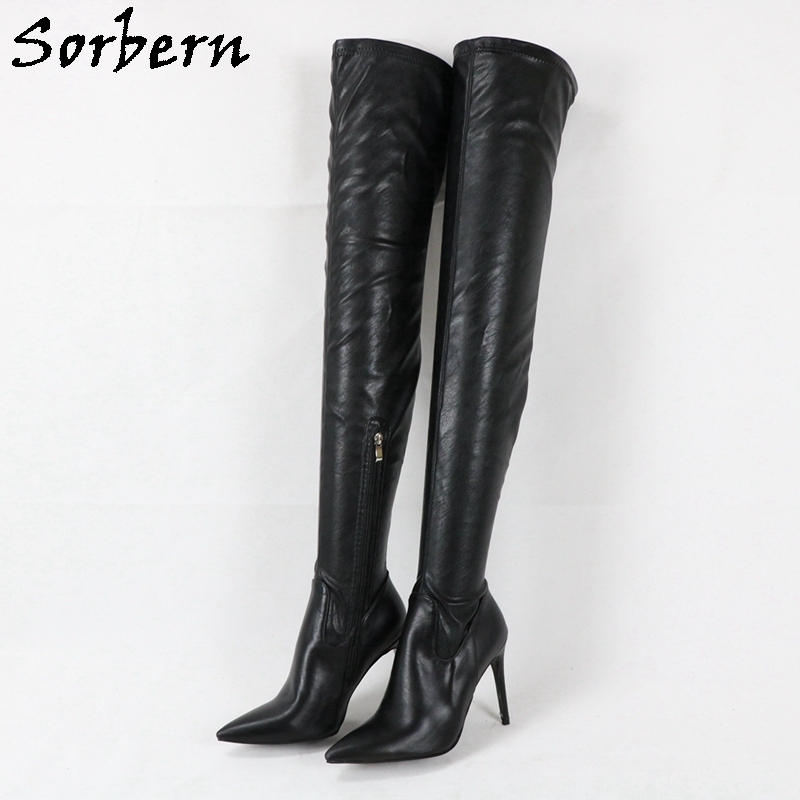 Sorbern Black Matt Cow Leather 24Cm High Heel Fetish Crotch Thigh High ...