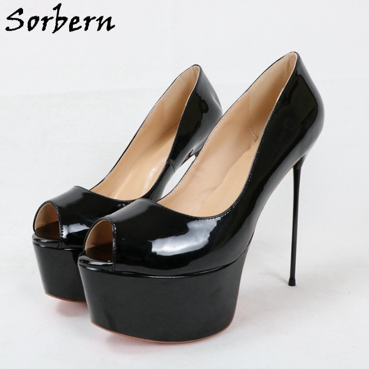 Sorbern Black Patent Real Leather Round Toe Women Pump Shoes High Heel Slip On