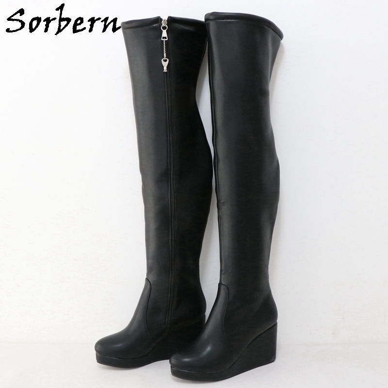 Sorbern Black Matt 97Cm Shaft Length Crotch Thigh High Boots Wedge ...