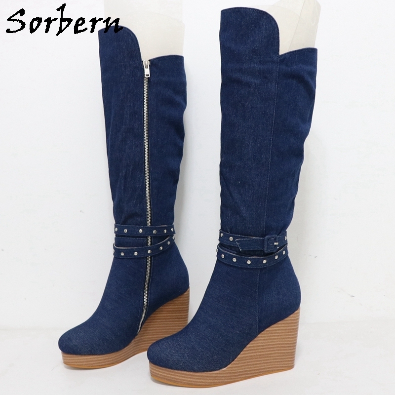Sorbern Burgundy Matt Over Knee Women Boots Platform Wedge High Heel ...