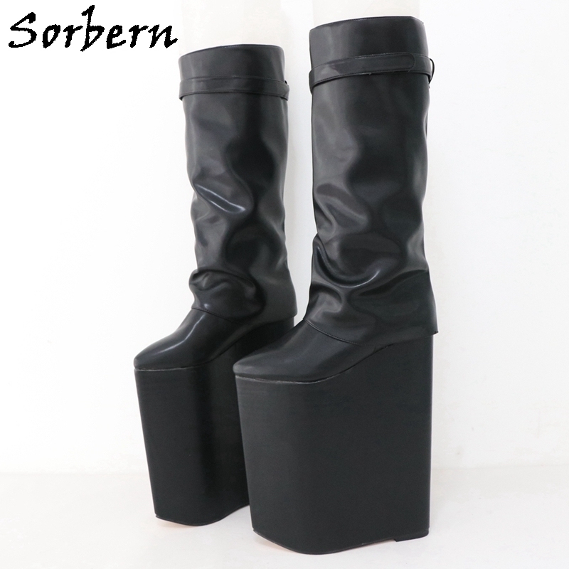 Sorbern 40cm Wedge High Heel Black Glossy Dragqueen Boot Knee High ...