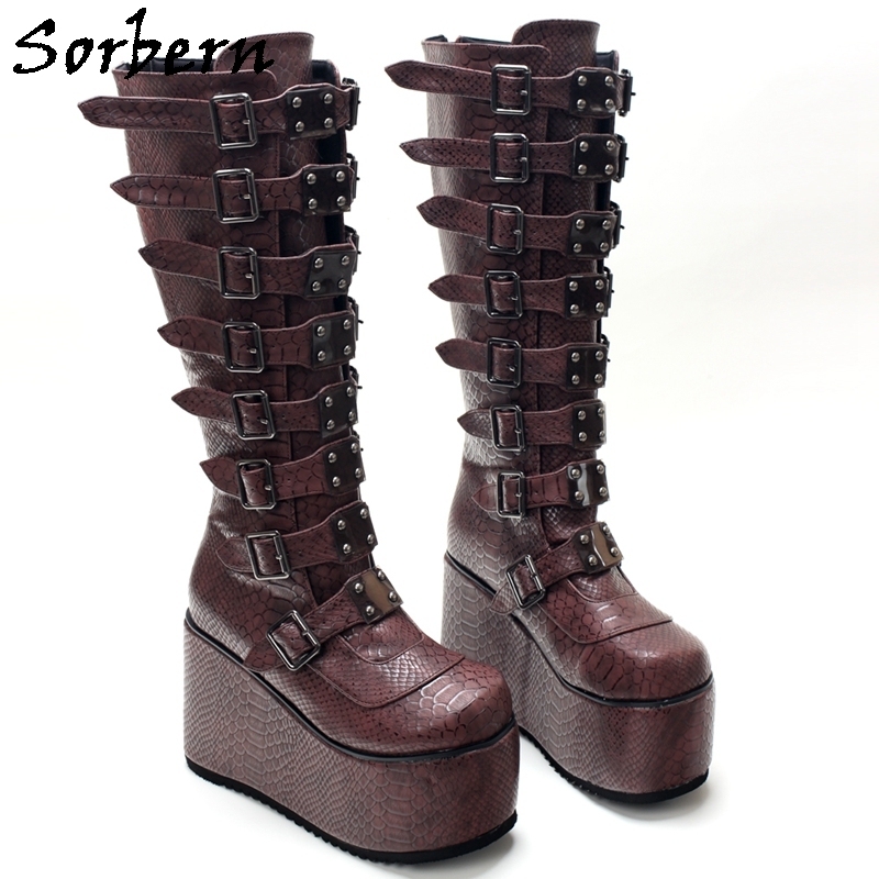 Sorbern Narrow Sole Back Boots Knee High Heel Wedges Lace Up Winter ...