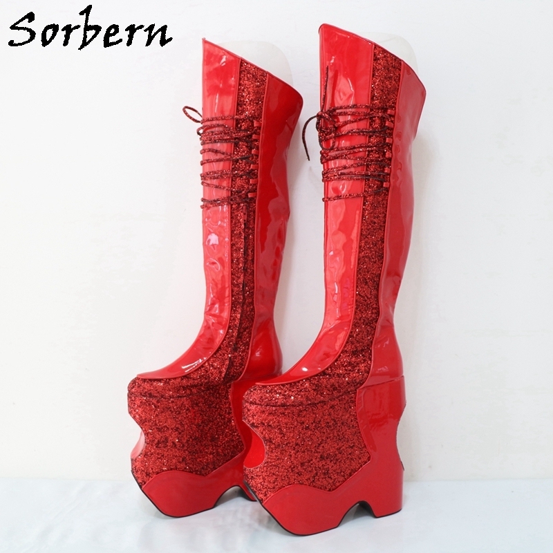 Sorbern Custom Red Shiny Long Boots For Women Platform Lace Up Fetish ...