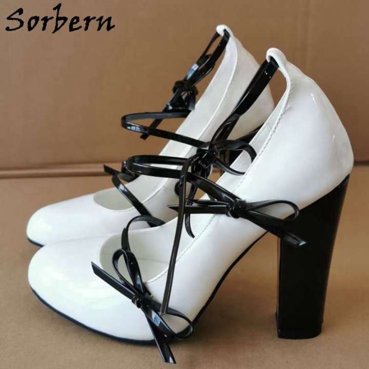 Sorbern White Shiny Block High Heel Women Pump 15Cm Heels Lace Up Round ...