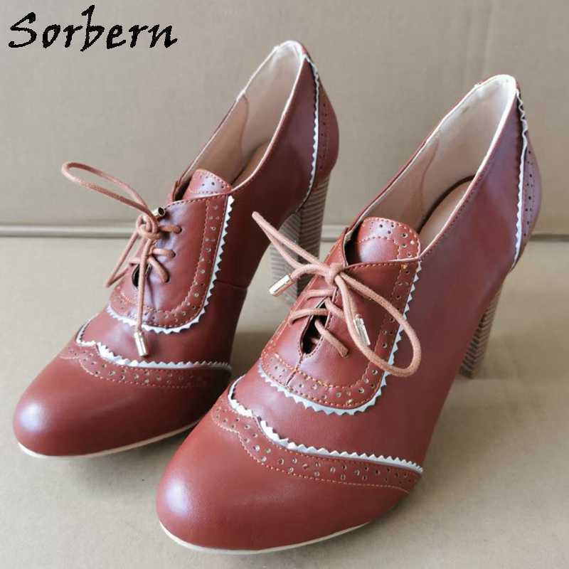Sorbern White Shiny Block High Heel Women Pump 15Cm Heels Lace Up Round ...