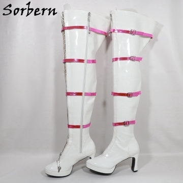 Sorbern White Shiny Block High Heel Women Pump 15Cm Heels Lace Up Round ...