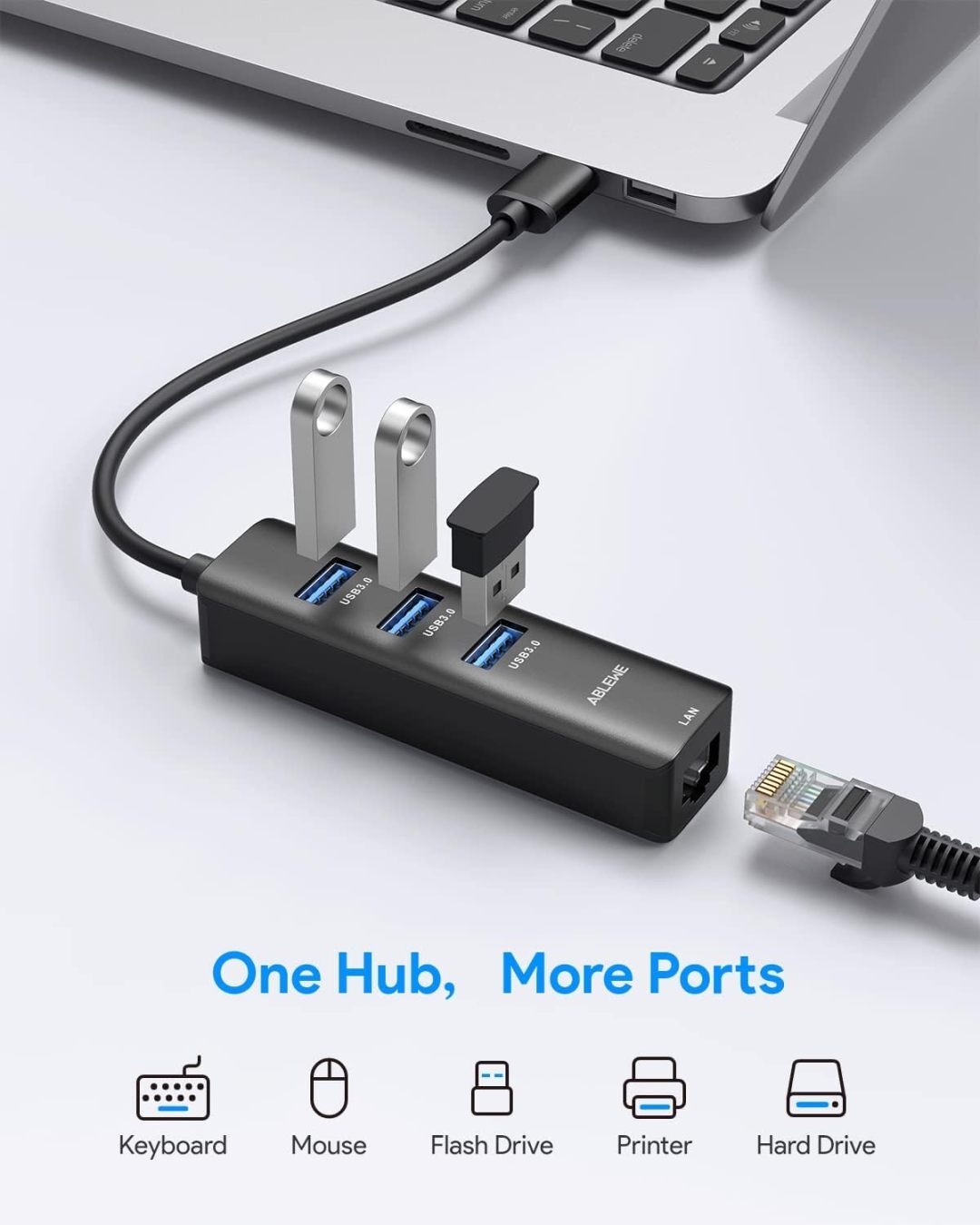 USB to Ethernet Adapter, ABLEWE 3 Ports USB 3.0 Hub with RJ45 1Gbps ...