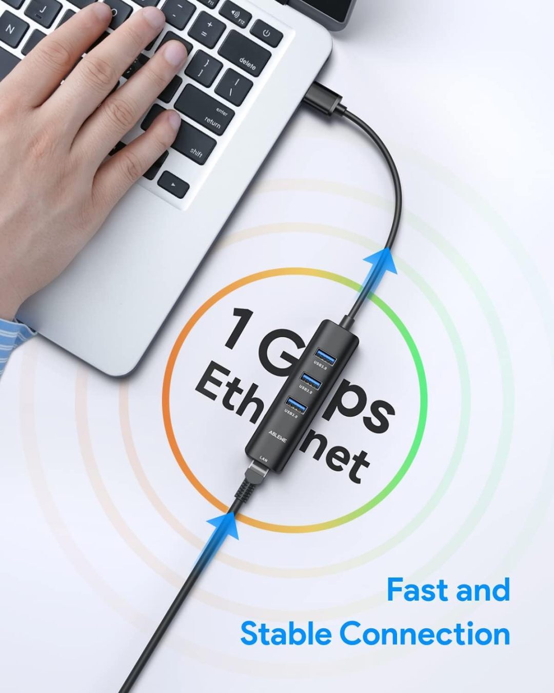 USB to Ethernet Adapter, ABLEWE 3 Ports USB 3.0 Hub with RJ45 1Gbps ...