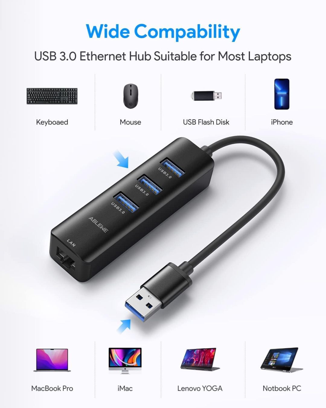 USB to Ethernet Adapter, ABLEWE 3 Ports USB 3.0 Hub with RJ45 1Gbps ...
