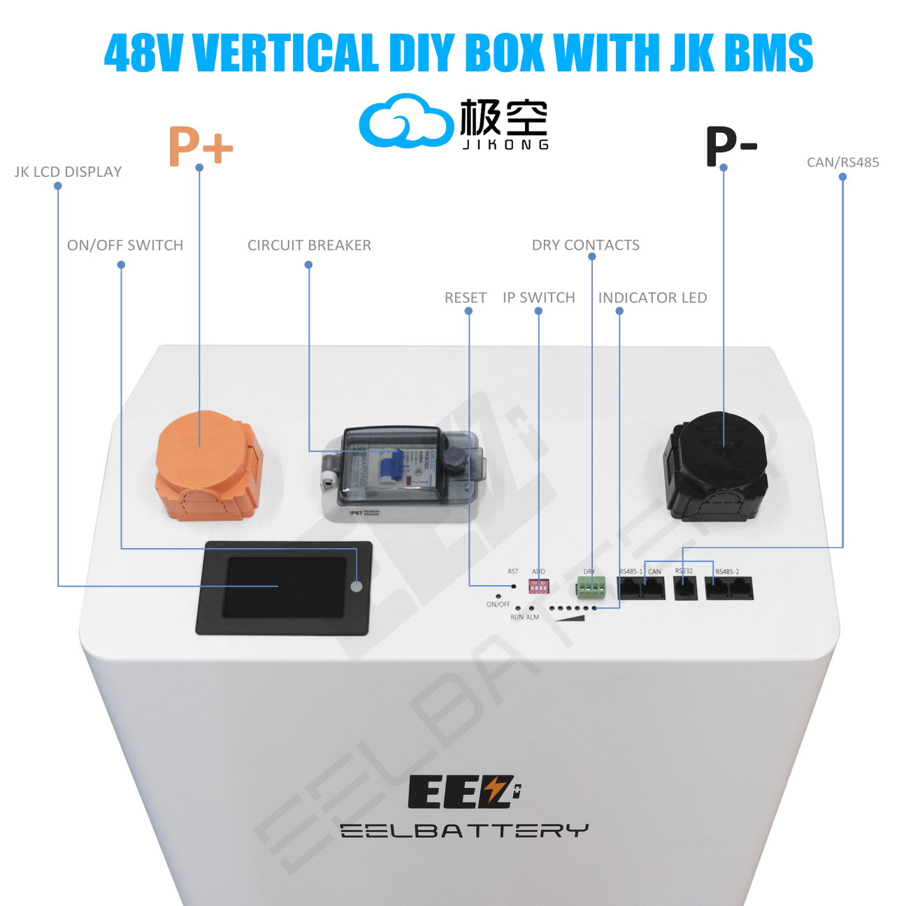 EEL 48V Vertical DIY Battery Box Built-in JK BMS Inverter 2A Balance 16S standing type