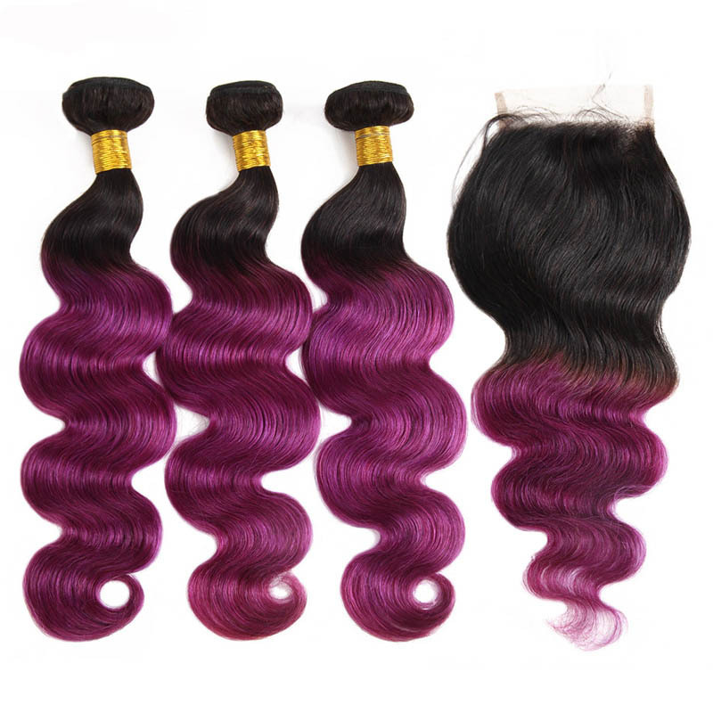 Body Wave T1B/Purple Hair Weave Bundles With Closure Remy Hair