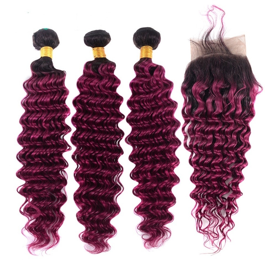 Deep Wave T1B/Purple Hair Weave Bundles With Closure Remy Hair
