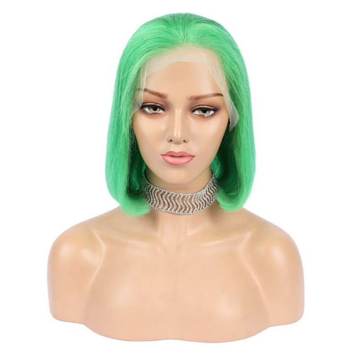 Straight Light Green Solid Colored Short BOB Wigs,Remy Hair Lace Wig
