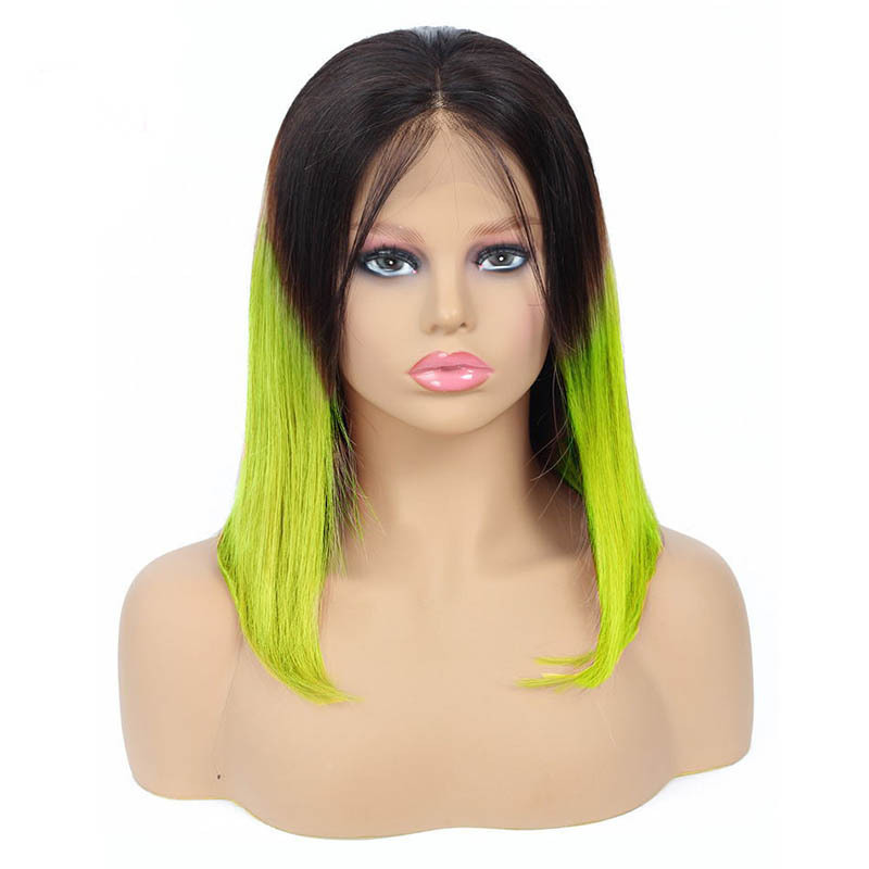 Straight 1B Neon Green Ombre Colored Short BOB Wigs,Remy Hair Lace Wig