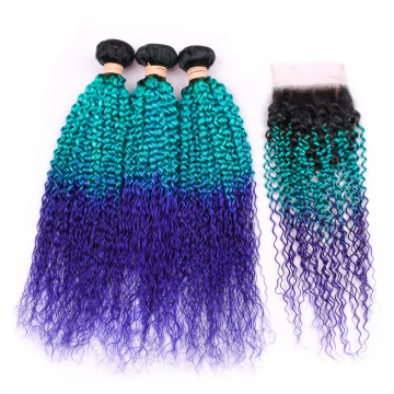 T1B/Light Blue/Blue Curly Remy Human Hair Bundles With Lace Closure
