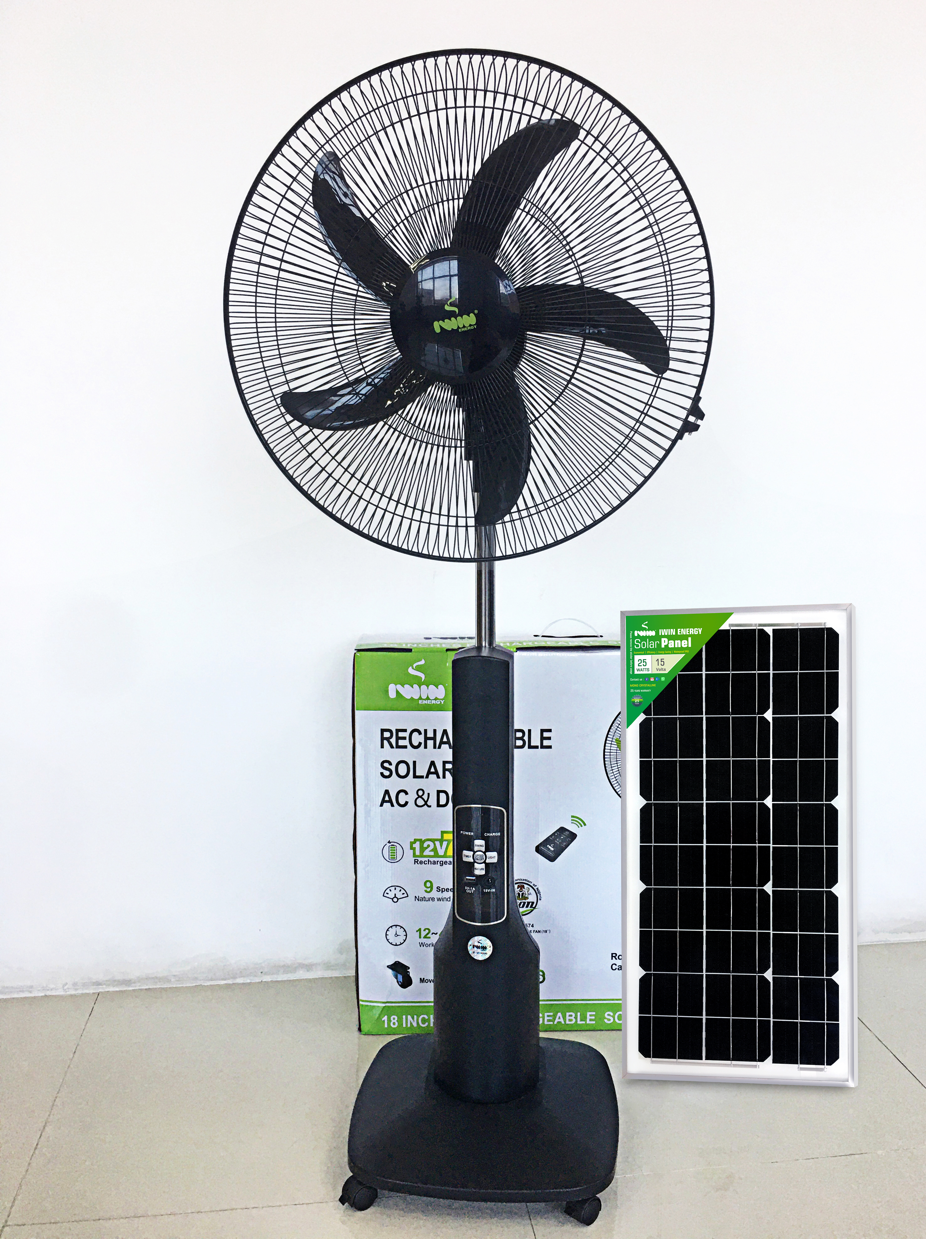 IWIN ENERGY NEW AC&DC Solar Fan /12V 16 &18 inches Standing Fan