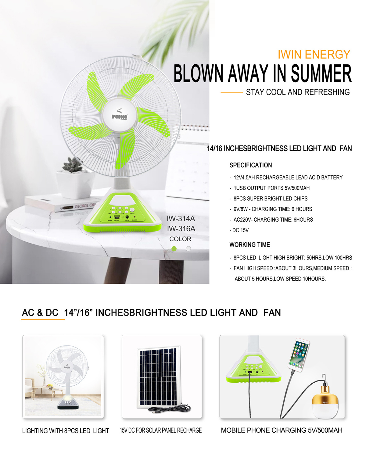 IWIN ENERGY IW-316A-ACDC-Solar-Fan-12V-16inches-Table-Fan-Wall-Fan
