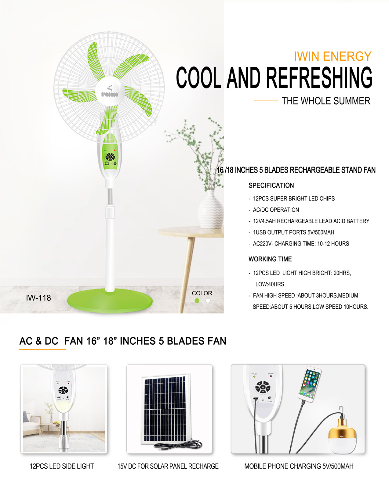 IWIN ENERGY IW-118 AC&DC Solar Fan /12V 16 &18 inches Standing Fan