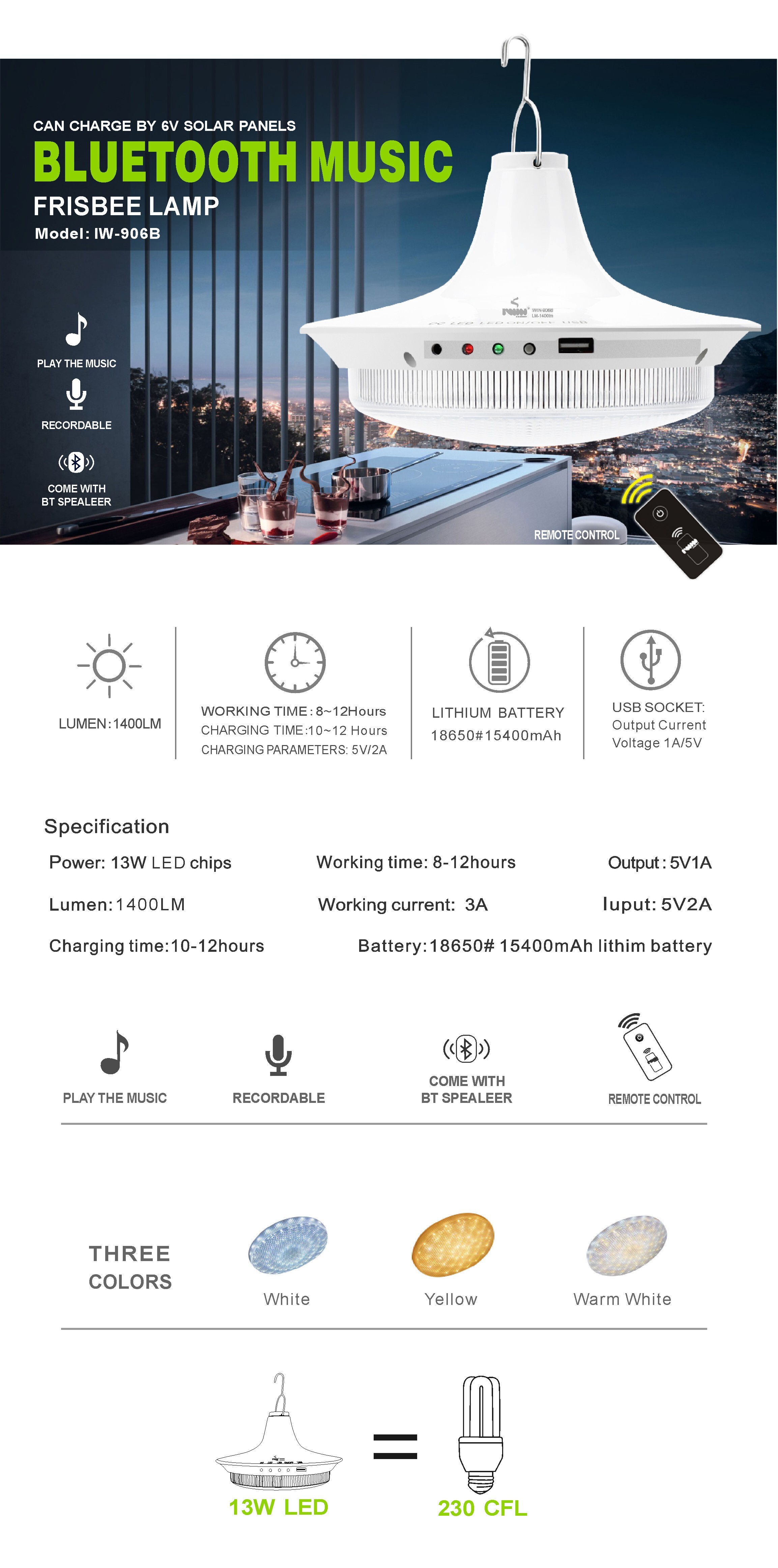 IWIN ENERGY IW-906B （bluetooth）13W UFO adjustable brightness LED light ...