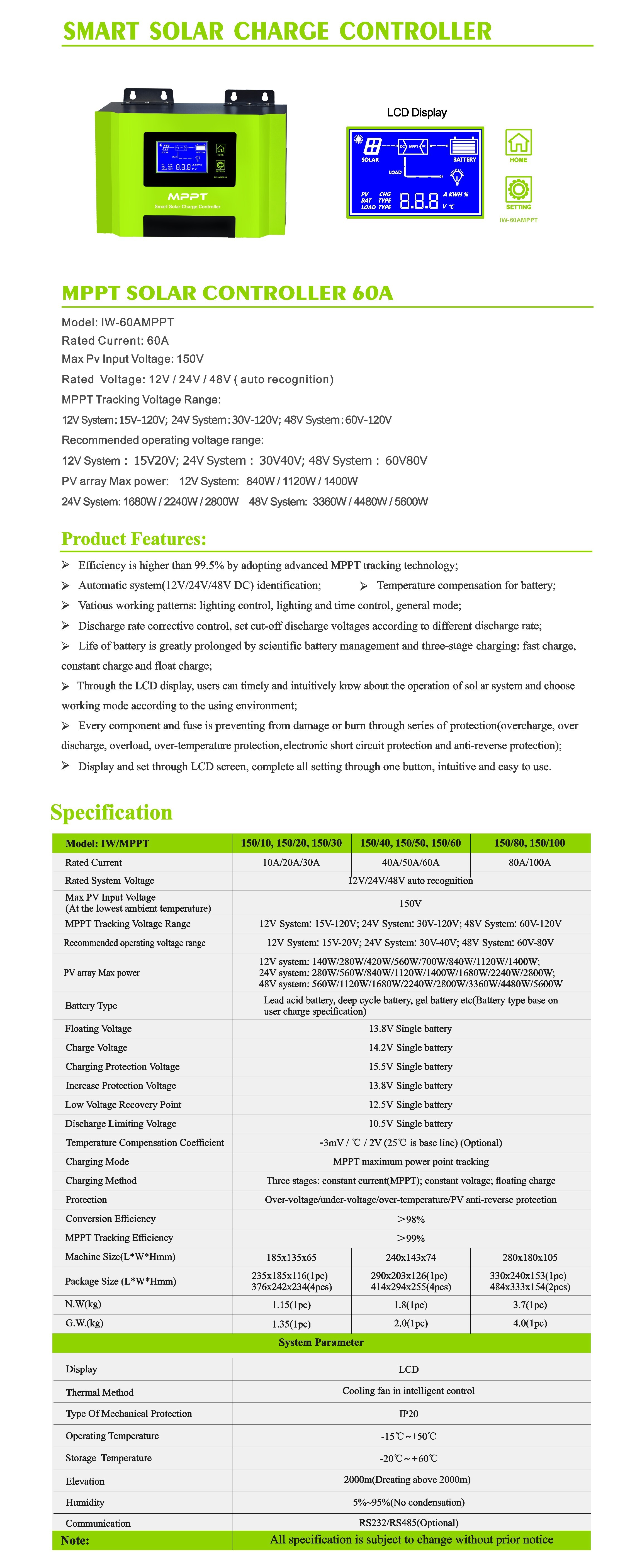 IWIN ENERGY 12V/24V/48V 60A MPPT high efficiency solar controller