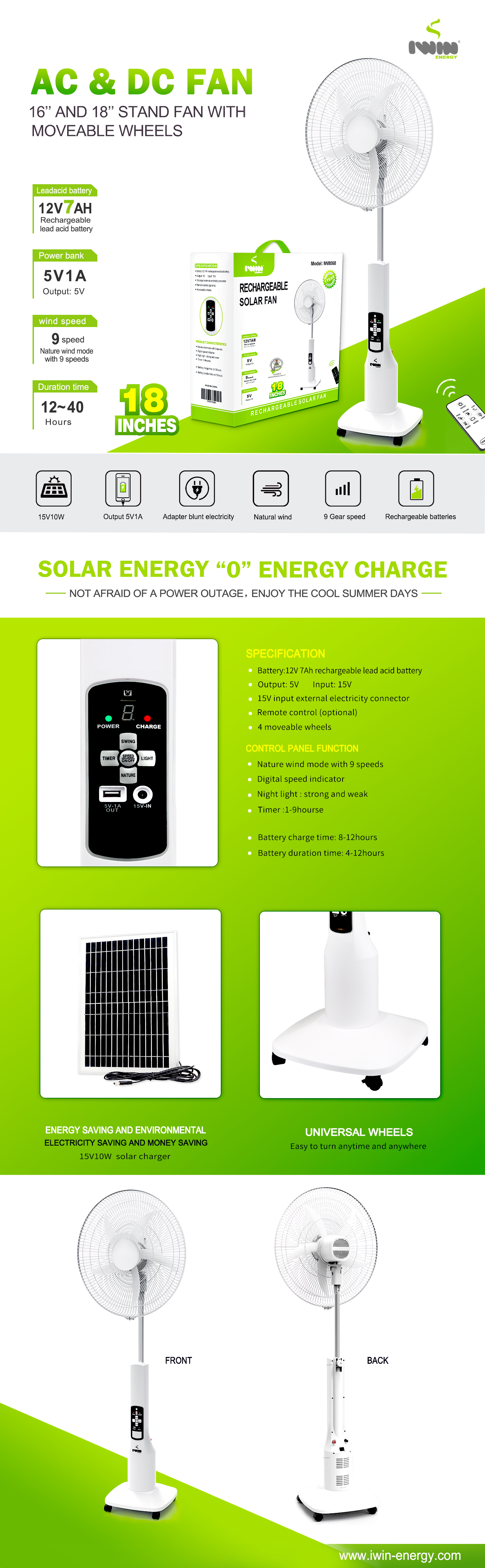 IWIN ENERGY IW-8068 NEW AC&DC Solar Fan /12V 16 &18 inches Standing Fan