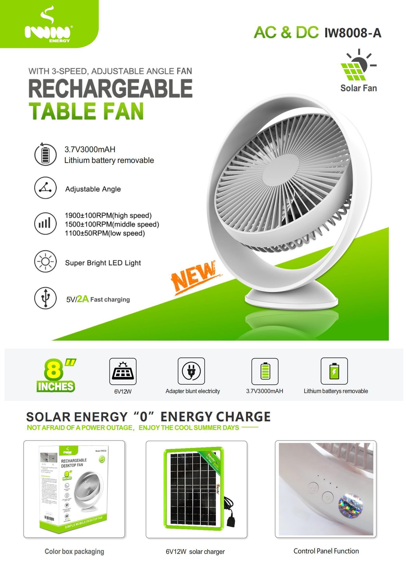 IWIN ENERGY IW-8008-A 8 inches AC&DC Solar Table Fan/Mini Fan