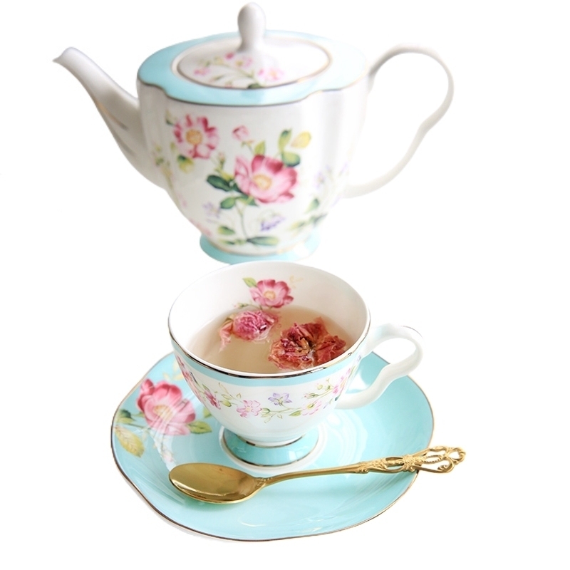 Pink Camellia Flower Bone China Tea Set with Creamer & Sugar