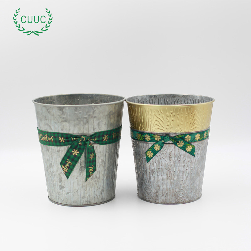 Tin Planter & Flower Pot with Green Ribbon