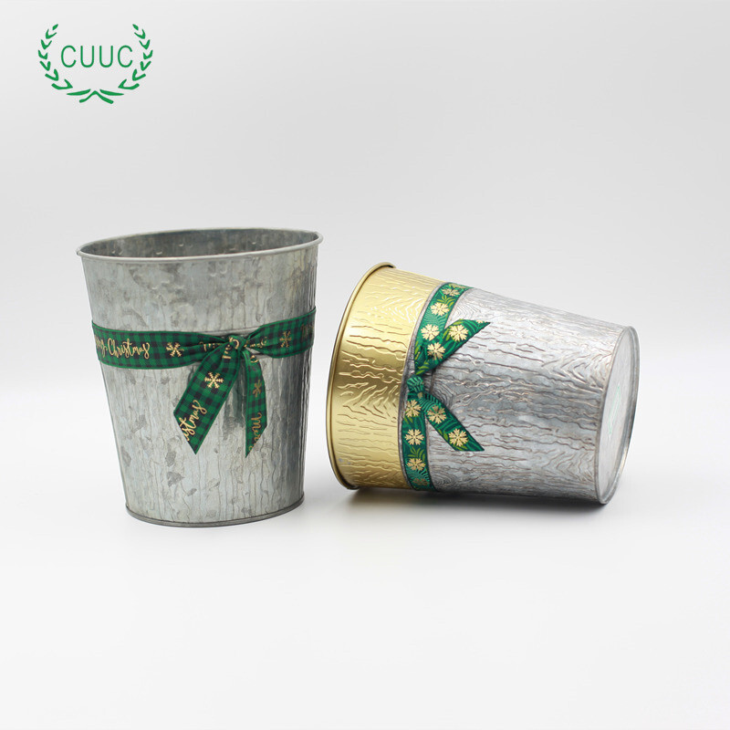 Tin Planter & Flower Pot with Green Ribbon