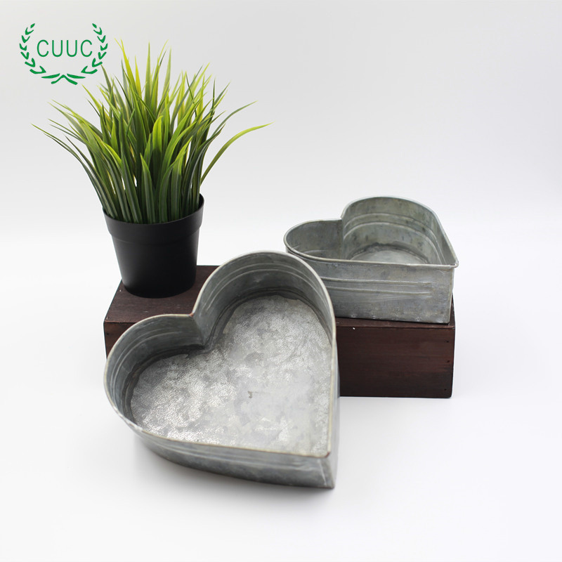 Set of 2 Vintage Galvanized Heart Shaped Flower Pot