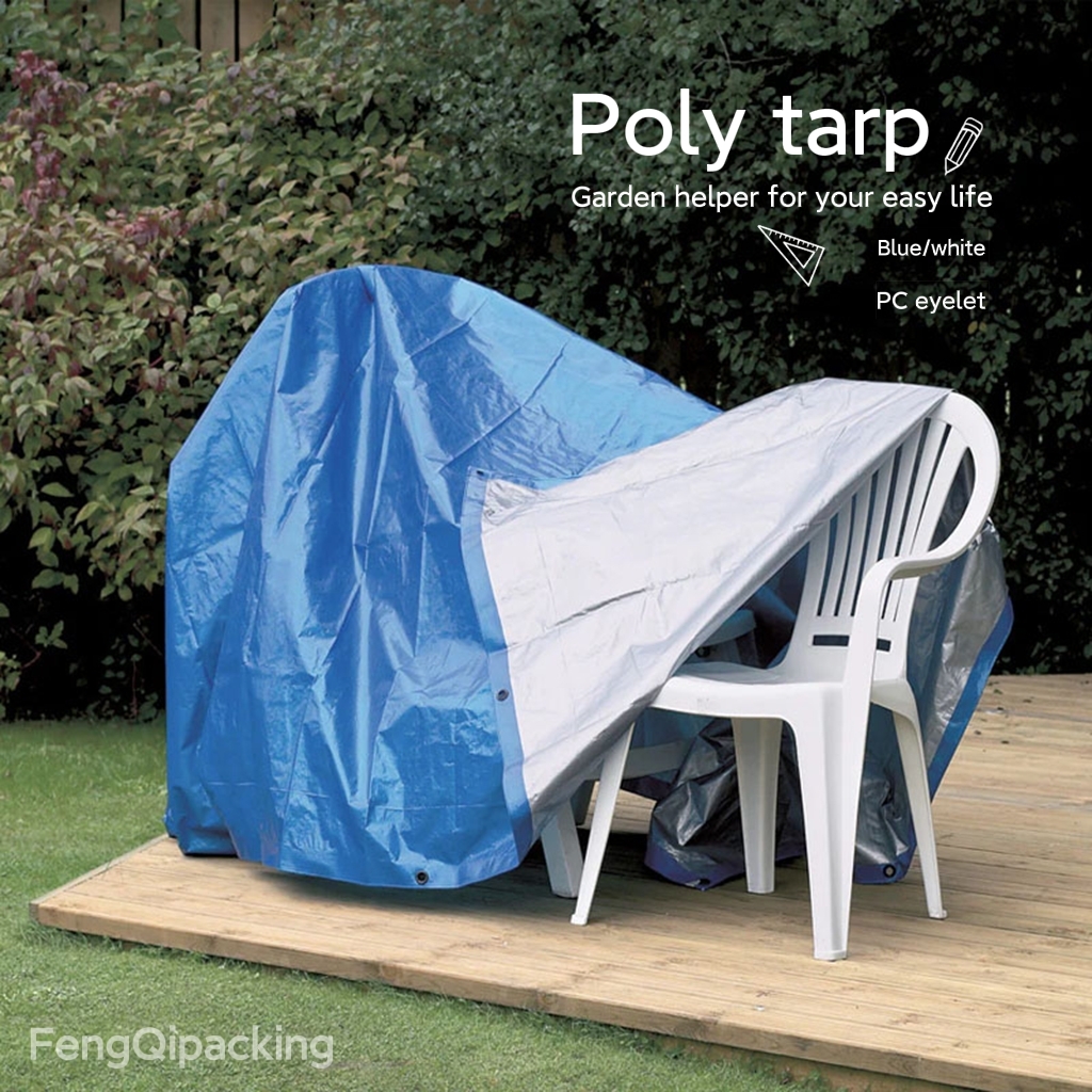 Blue/white PE tarpaulin reinforced with PC eyeletsPE Tarpaulin ...