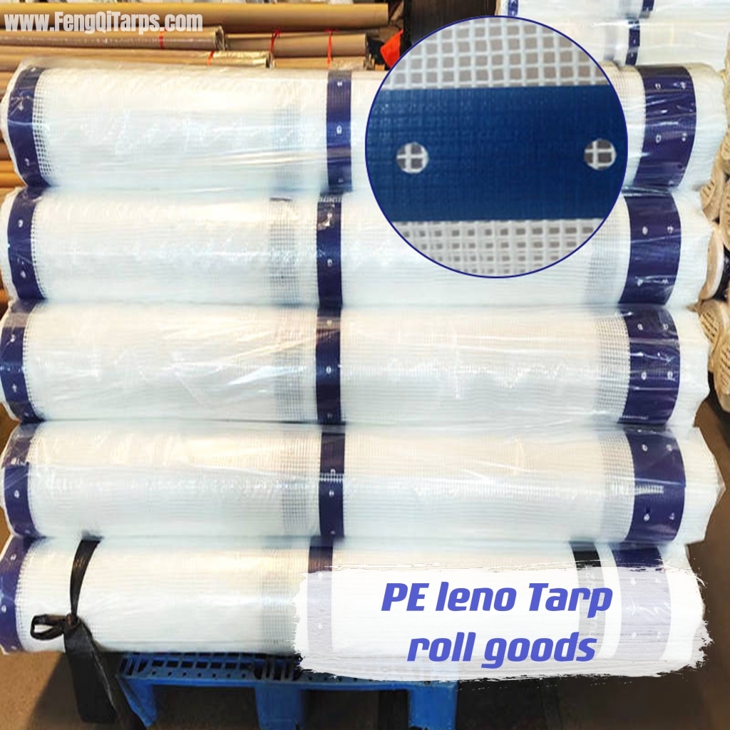 PE leno tarp roll goods with blue reinforced bands as scaffolding ...