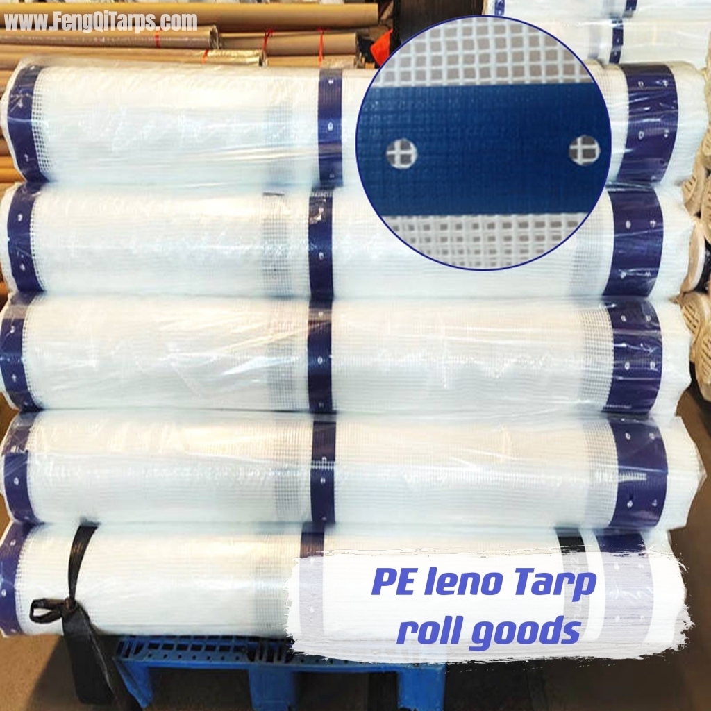 PE leno tarp roll goods with blue reinforced bands as scaffolding ...