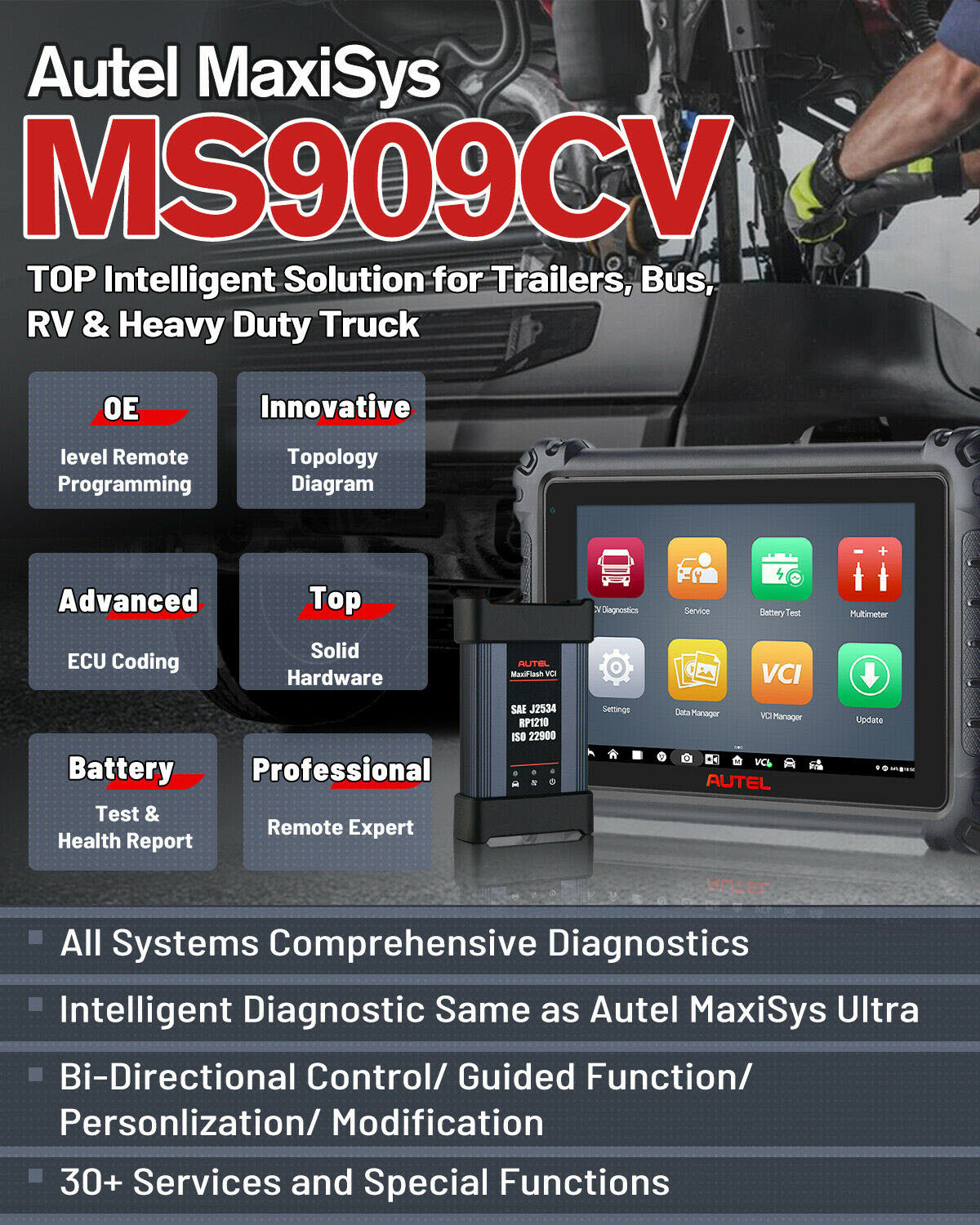 Autel Maxisys MS909CV 3-In-1 Heavy Duty Diagnostic Tablet for HD ...