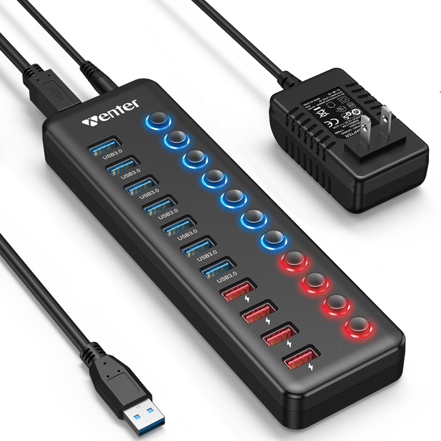 Powered USB 3.0 Hub, Wenter 11-Port USB Hub Splitter (7 Faster Data ...