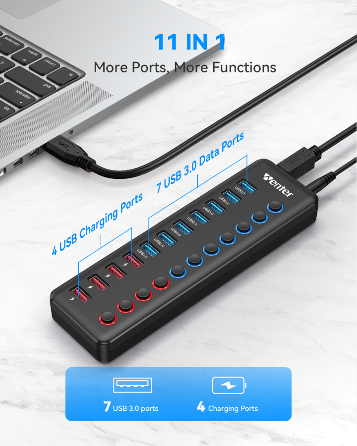Powered USB 3.0 Hub, Wenter 11-Port USB Hub Splitter (7 Faster Data ...