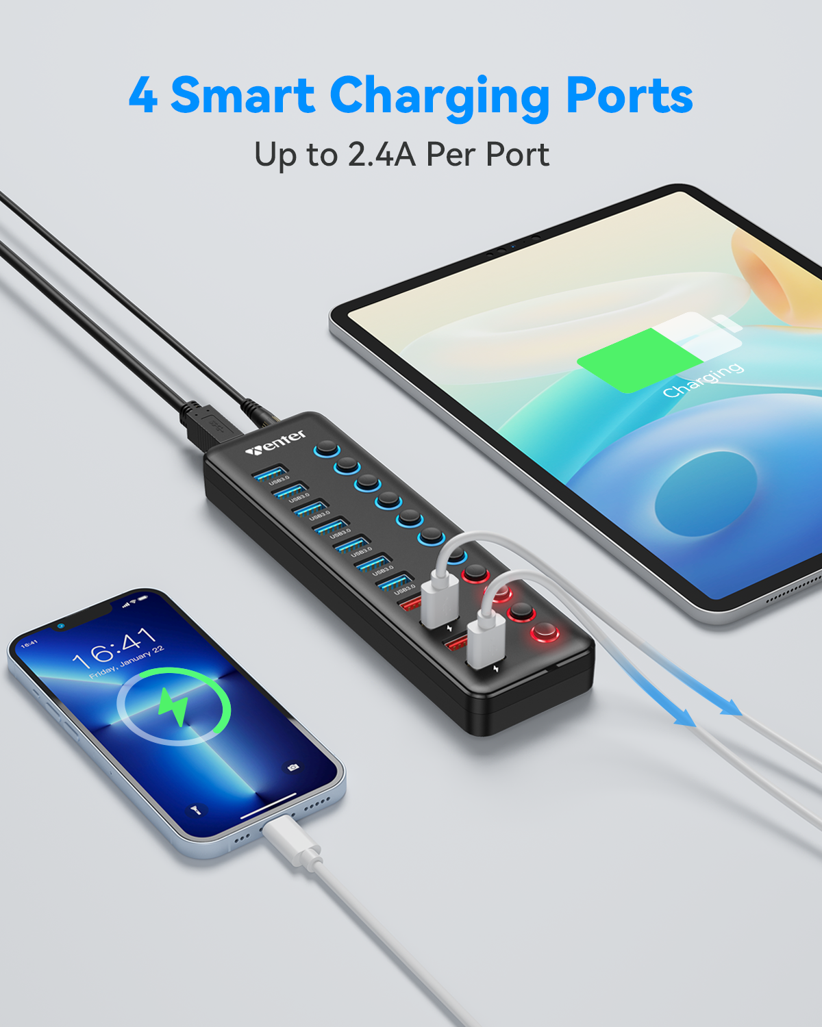 Powered USB 3.0 Hub, Wenter 11-Port USB Hub Splitter (7 Faster Data ...