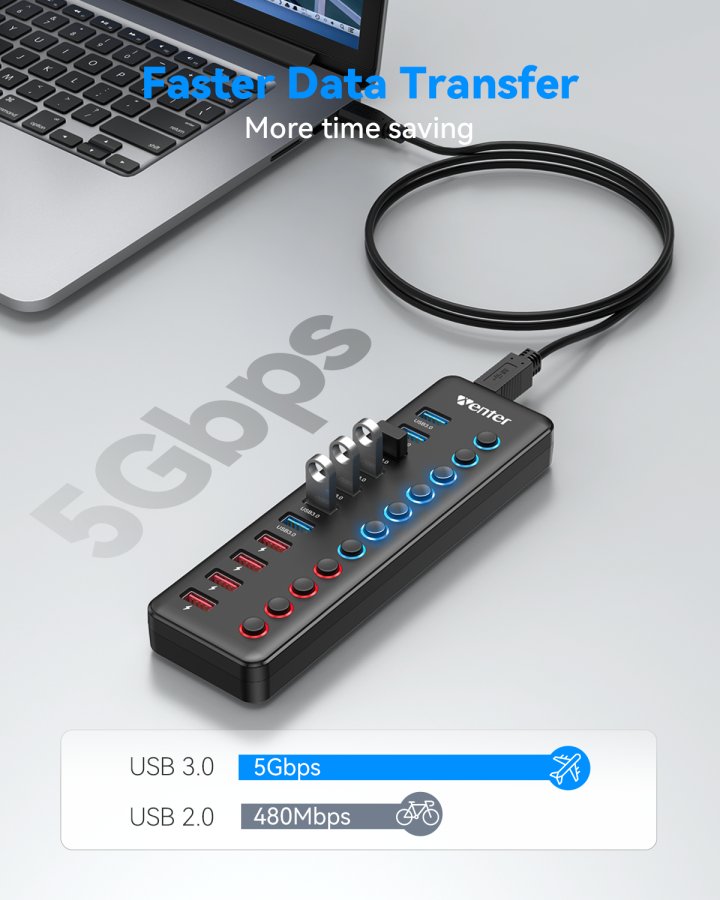 Powered USB 3.0 Hub, Wenter 11-Port USB Hub Splitter (7 Faster Data ...