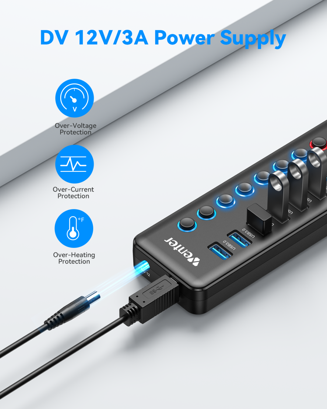 Powered USB 3.0 Hub, Wenter 11-Port USB Hub Splitter (7 Faster Data ...