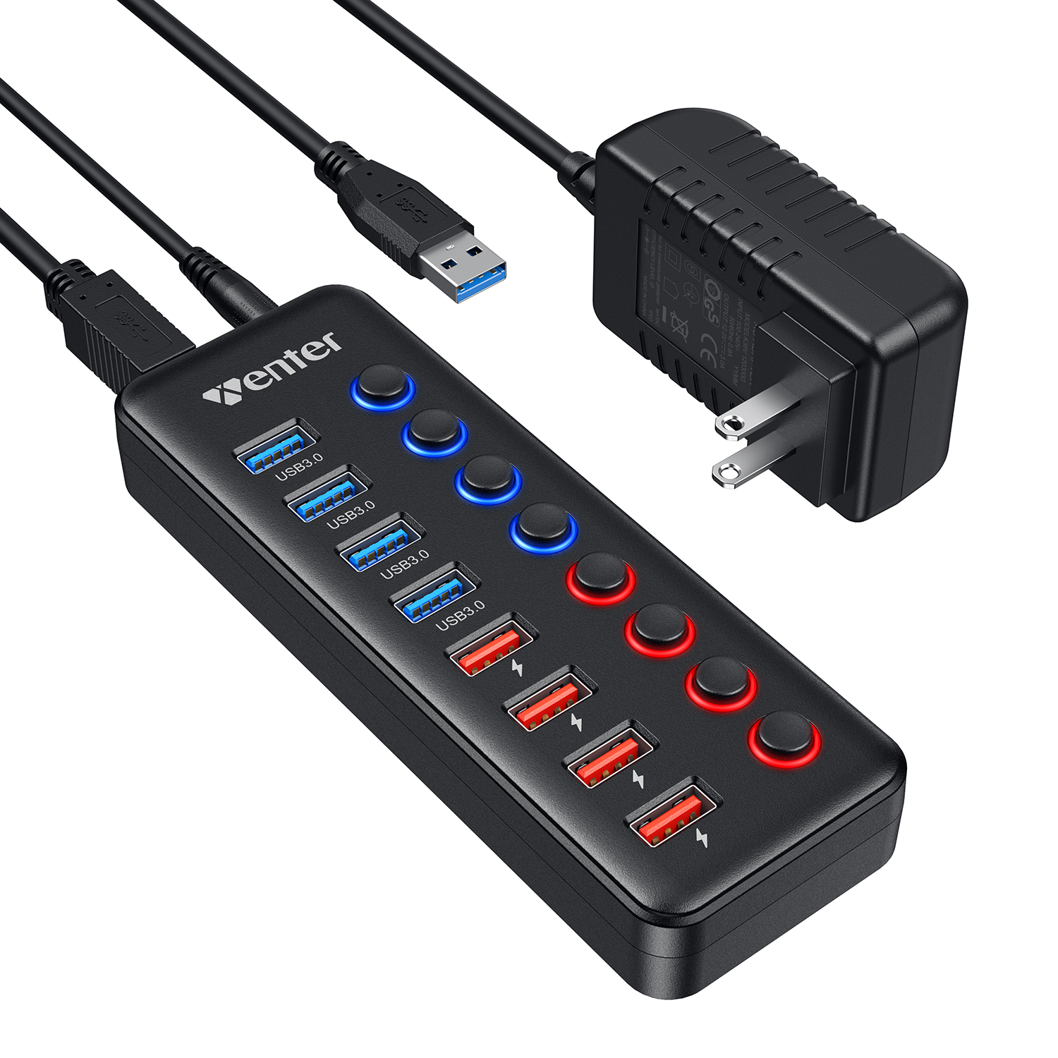 Powered USB Hub 3.0, Wenter 8-Port USB Hub Splitter (4 USB 3.0 Data ...