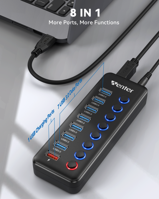 Powered USB Hub 3.0, Wenter 8-Port USB Splitter Hub (7 Faster Data ...