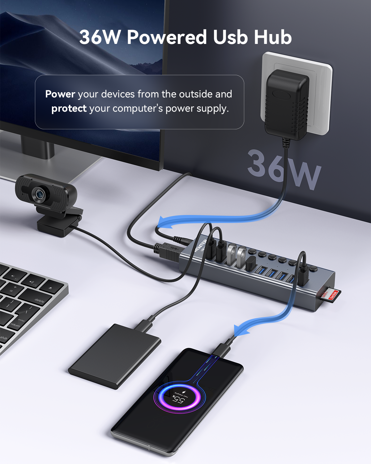 WENTER Powered USB Hub with SD/TF Card Reader, Aluminum 10 Port Powered ...